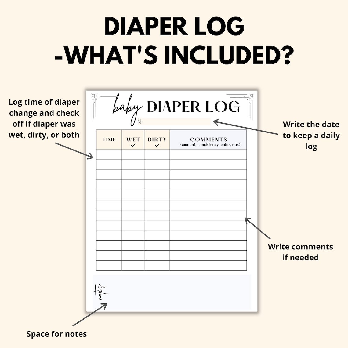 Baby Diaper Tracker Printables, Baby Care Diaper Log + Checklist PDF ...