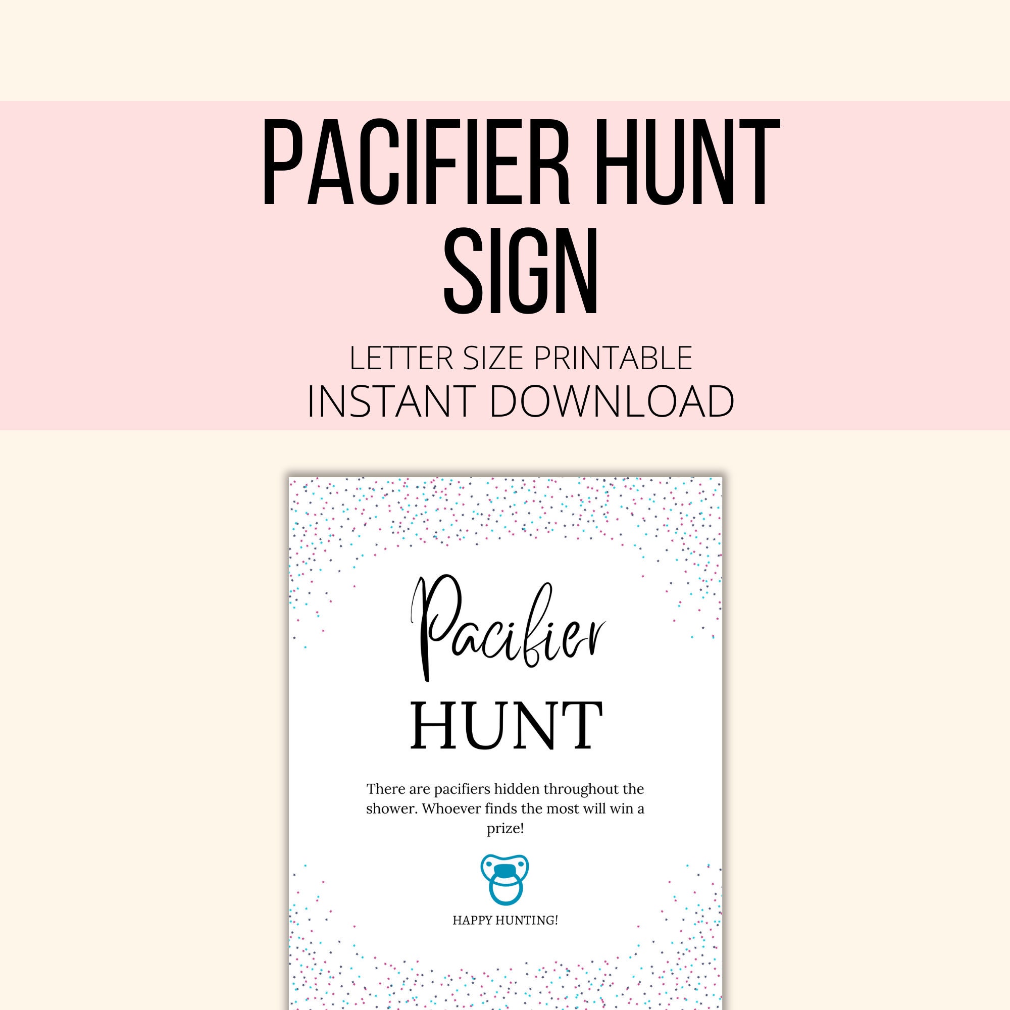 Pacifier Hunt Sign Baby Shower Printable, Pacifier Baby Game Shower ...