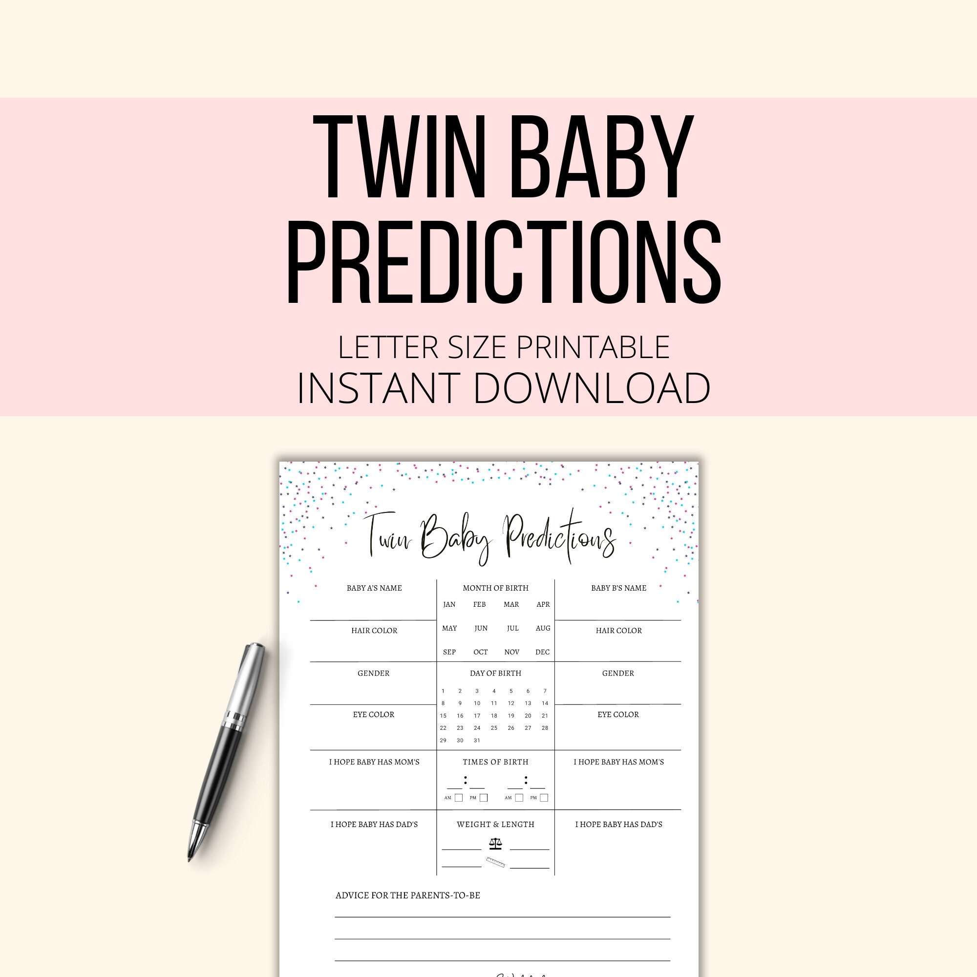 Twin Baby Predictions Printable, Baby Prediction Game for Twins PDF ...