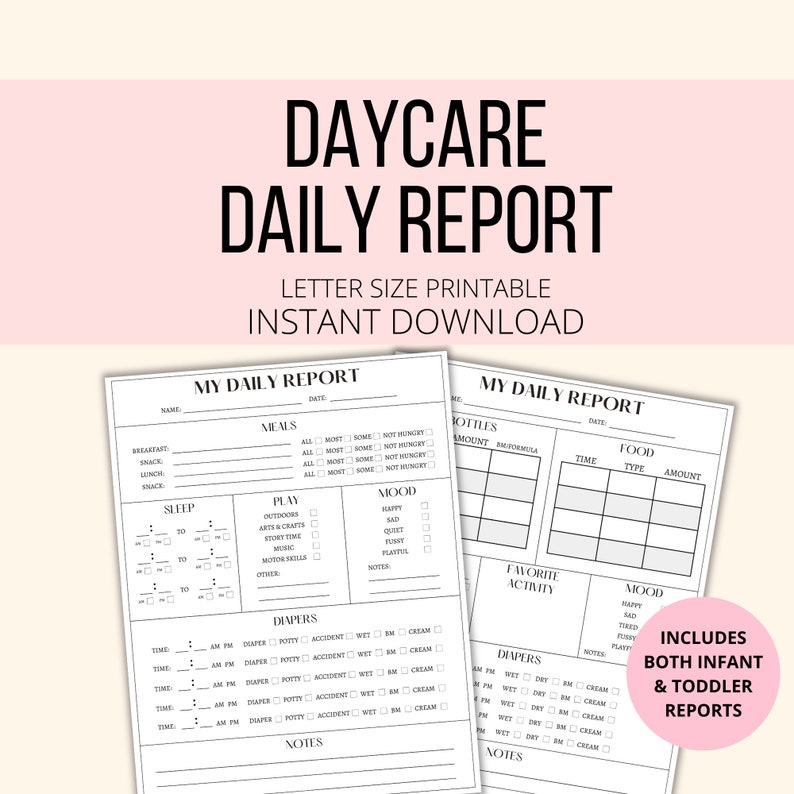 Daycare Daily Report Printable, Daycare Forms PDF, Toddler & Infant ...