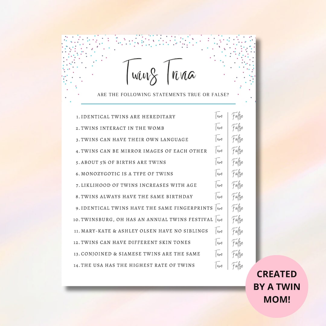 Twins Trivia Baby Shower Game Printable, Twins True or False Trivia ...