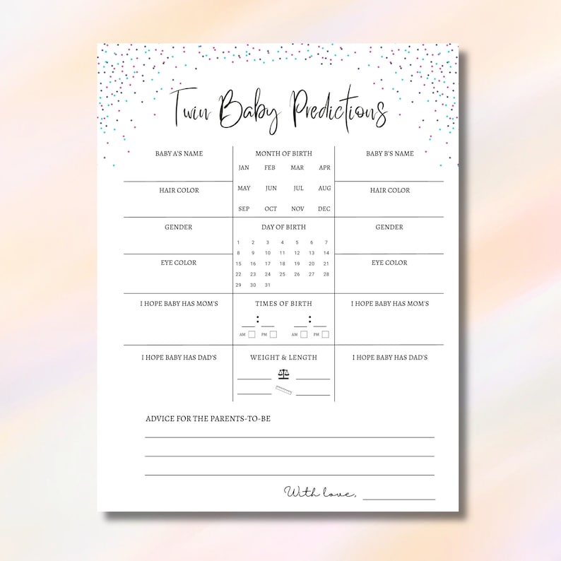 Twin Baby Predictions Printable, Baby Prediction Game for Twins PDF ...
