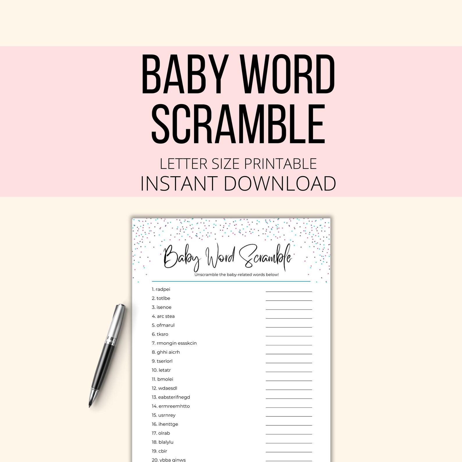 Baby Word Scramble PDF, Baby Shower Word Puzzle Game Printable, Baby ...
