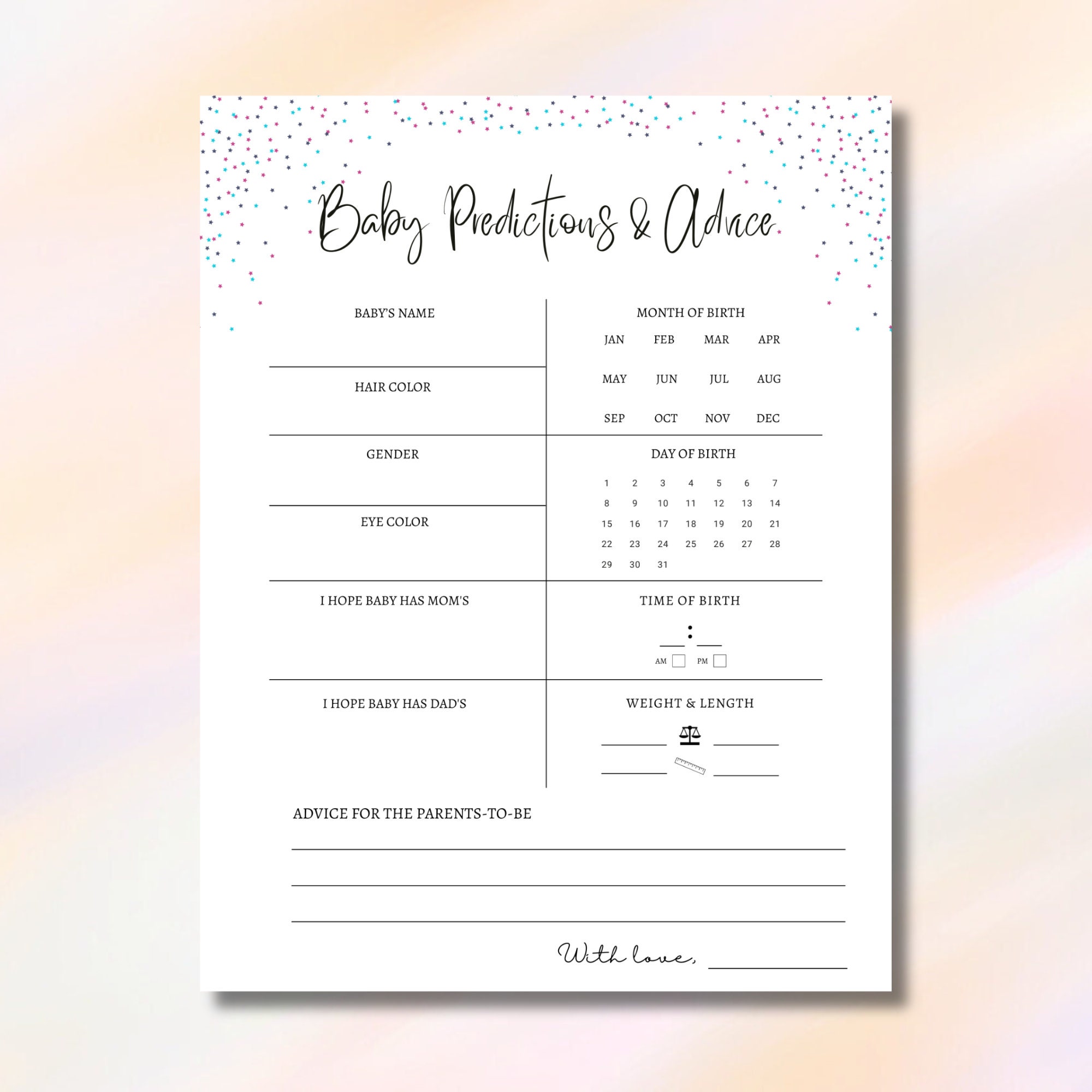 Baby Predictions and Advice Shower Game Printable, Baby Prediction Game ...