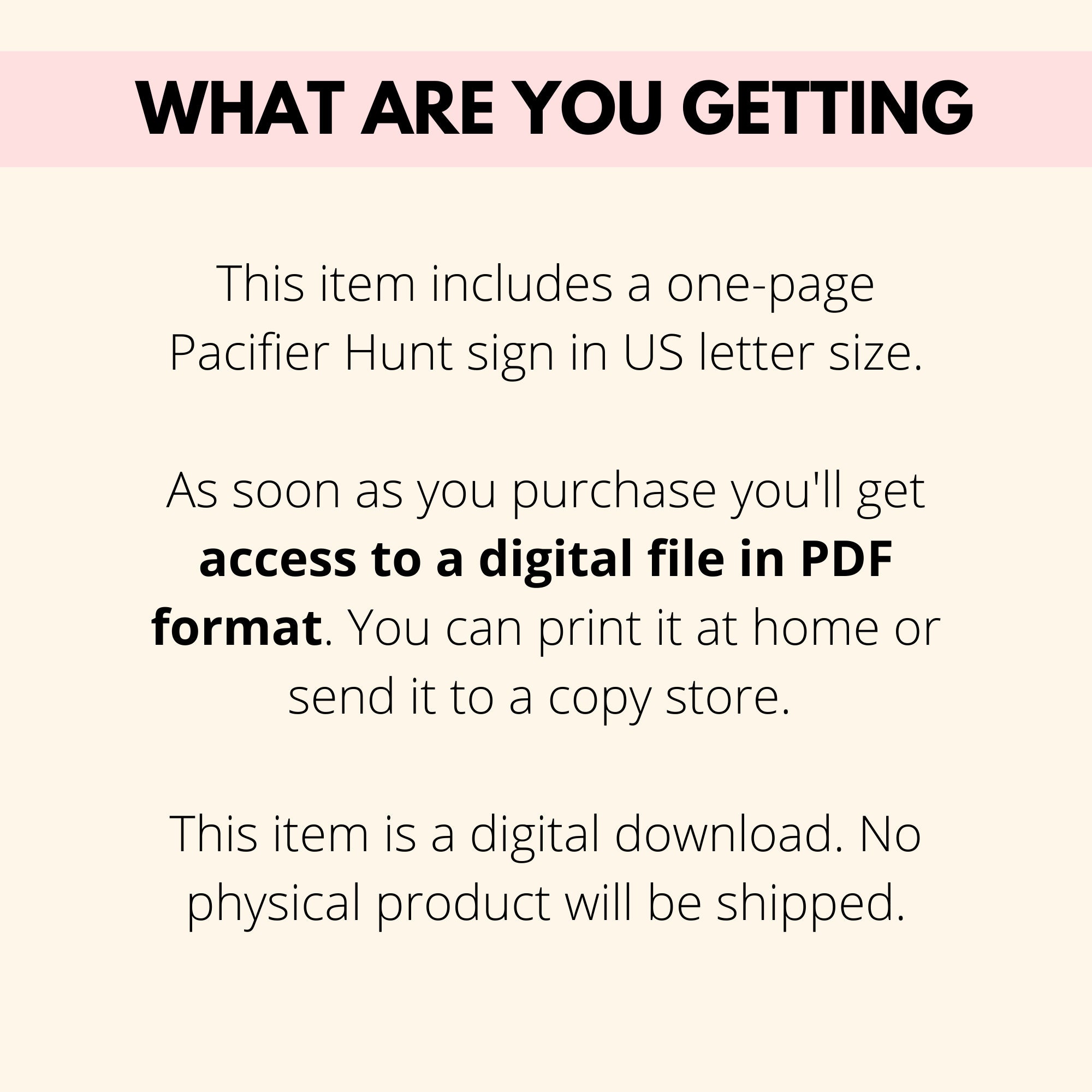 Pacifier Hunt Sign Baby Shower Printable, Pacifier Baby Game Shower ...