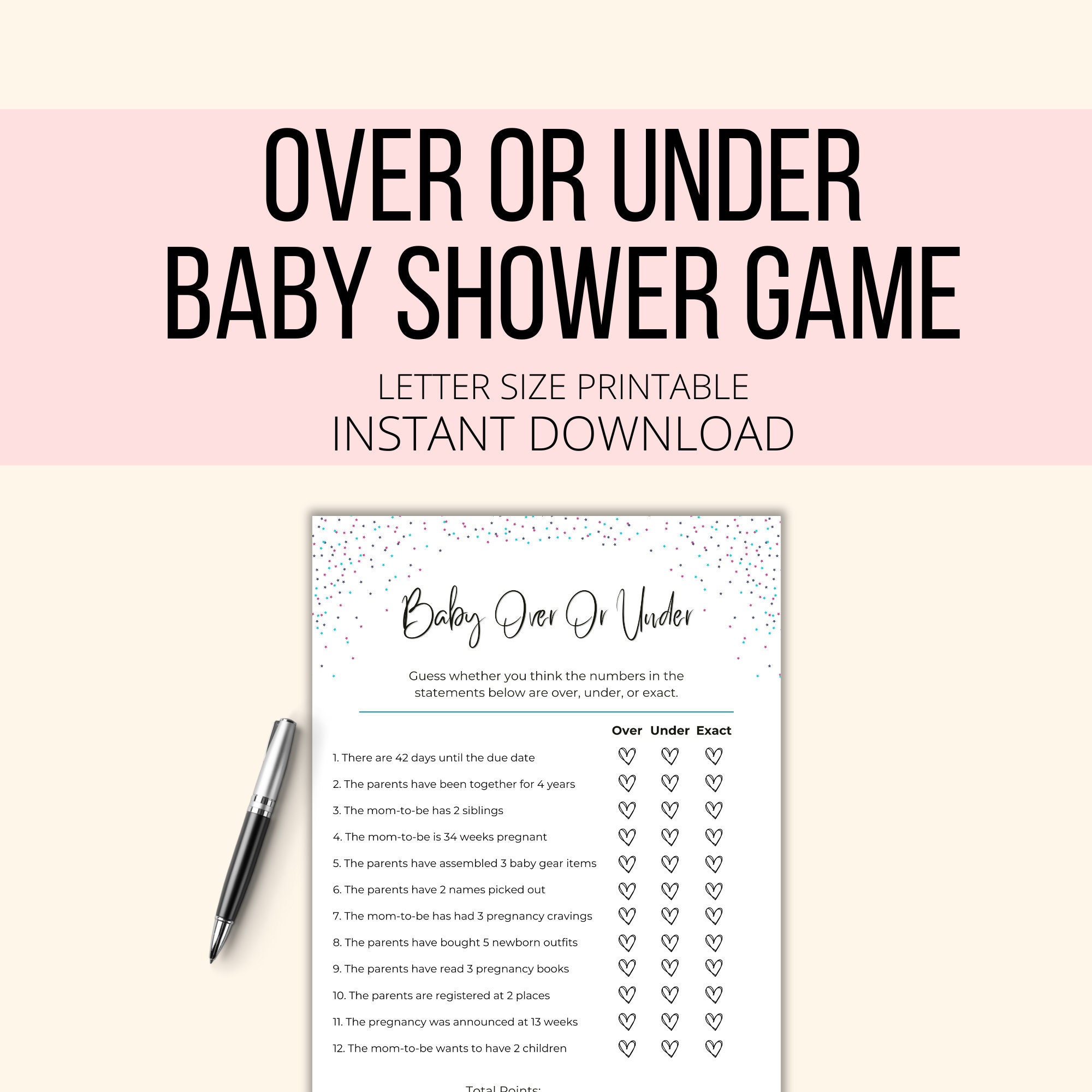 Over or Under Baby Shower Game Printable, Baby Over or Under Shower ...