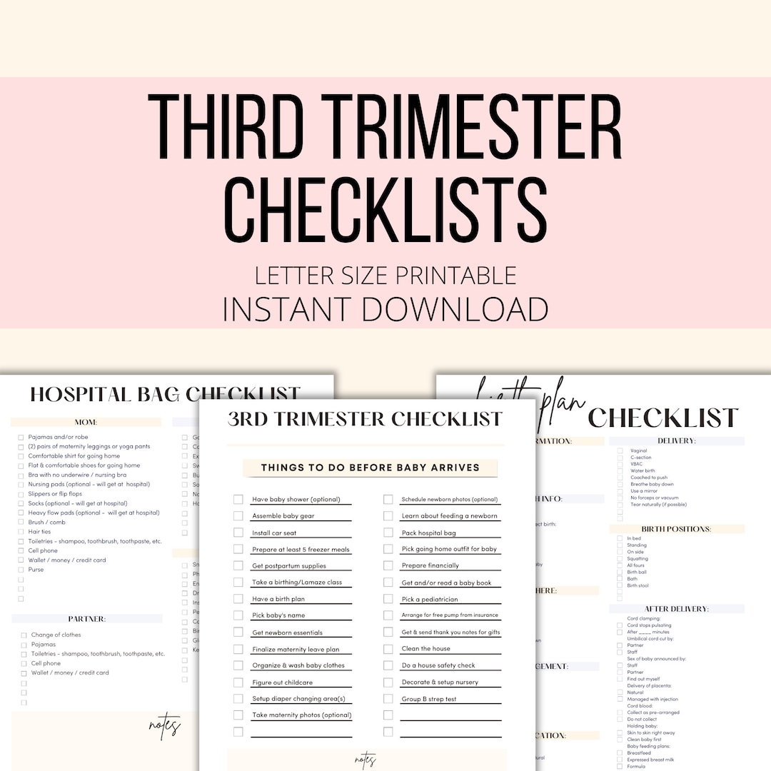 Third Trimester Checklists Pregnancy Printable, Hospital Bag + Birth ...