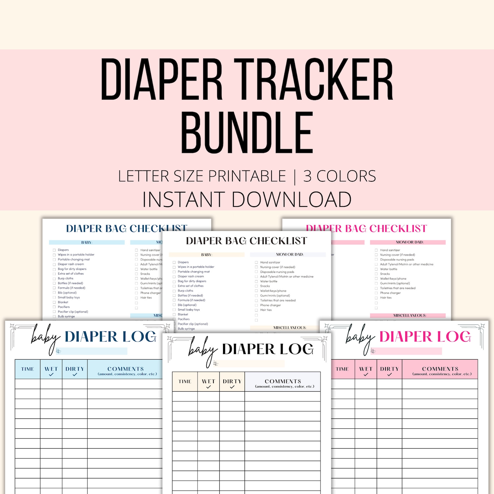 Baby Diaper Tracker Printables, Baby Care Diaper Log + Checklist PDF ...