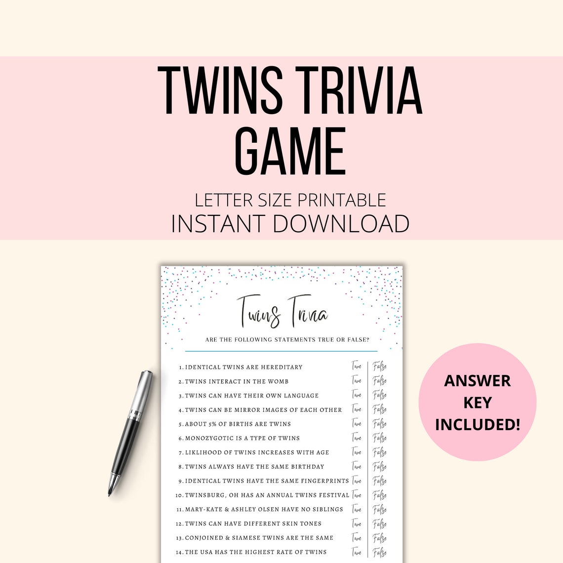 Twins Trivia Baby Shower Game Printable, Twins True or False Trivia ...