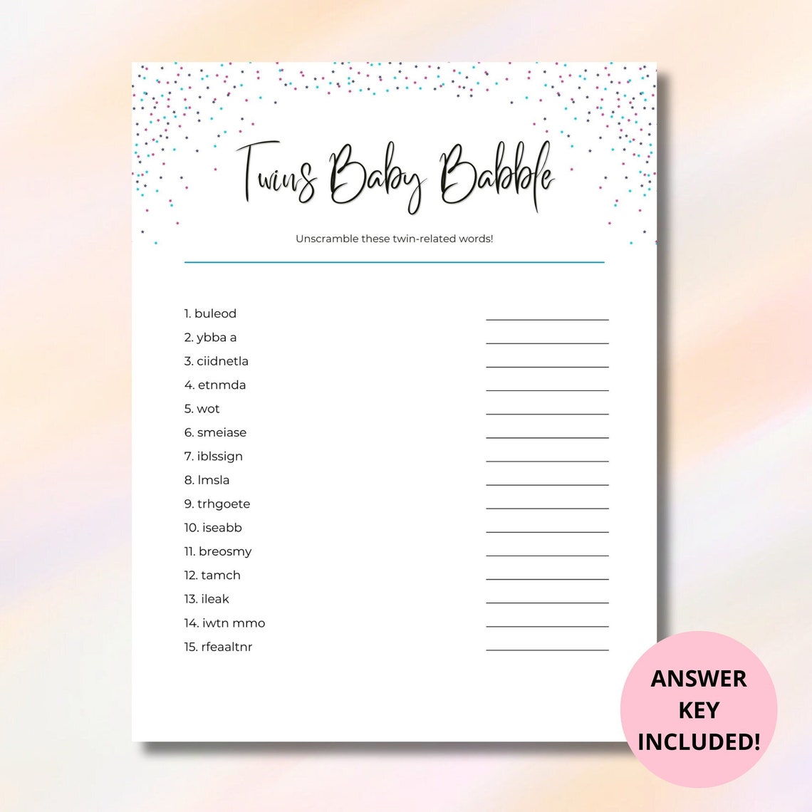 Twins Baby Shower Word Scramble Printable, Twin Baby Shower Game Word ...