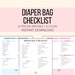 Diaper Bag Checklist Printable Baby Diaper Bag List PDF - Etsy