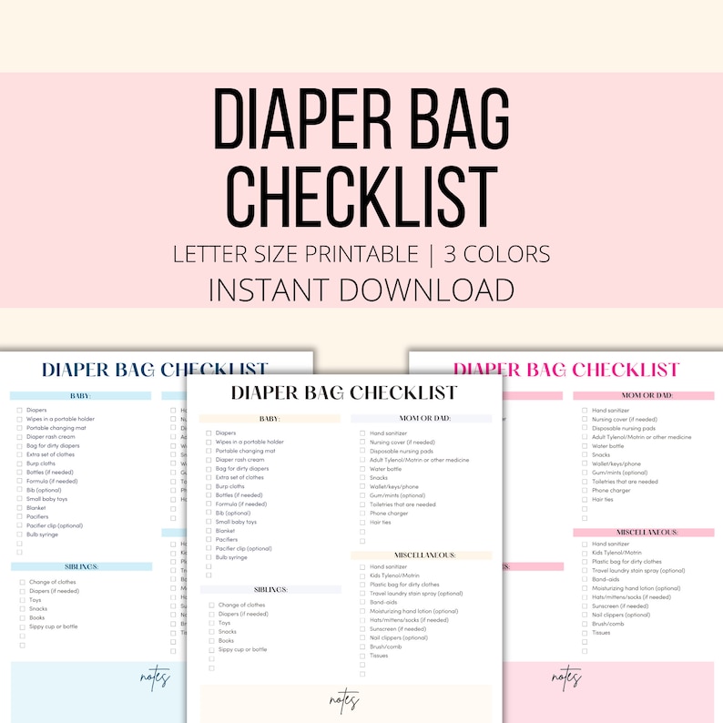 Diaper Bag Checklist Printable, Baby Diaper Bag List PDF, Diaper Bag ...