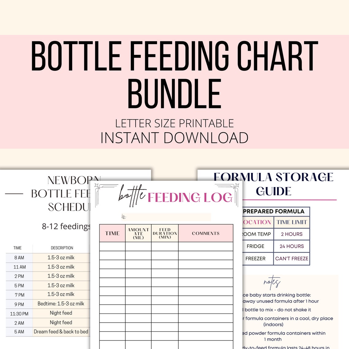 Bottle Feeding Chart Printable Bundle, Baby Bottle Feeding Tracker PDF ...