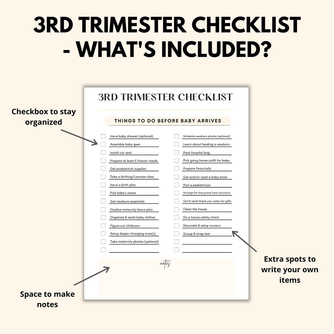 Third Trimester Checklists Pregnancy Printable, Hospital Bag + Birth ...