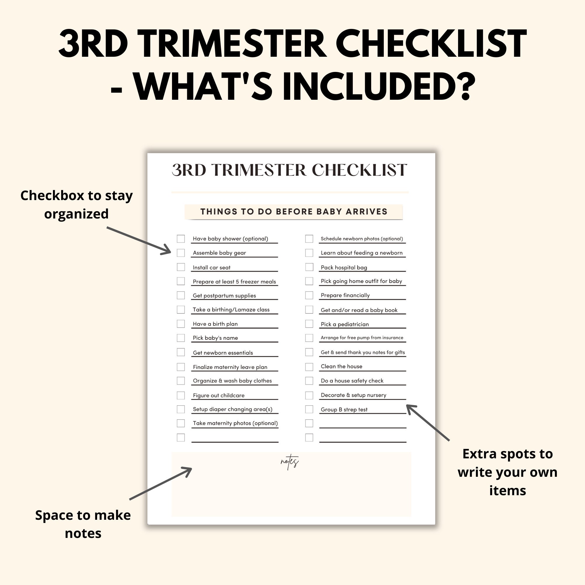 Third Trimester Checklists Pregnancy Printable, Hospital Bag + Birth ...