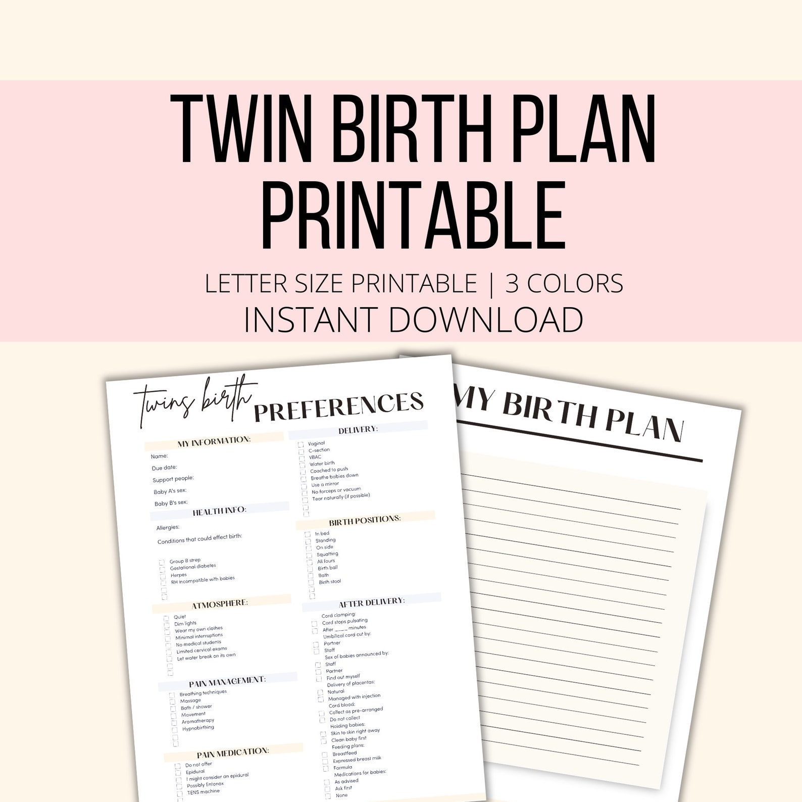 Twin Birth Plan Printable, Twins Birth Checklist PDF, Twin Pregnancy ...