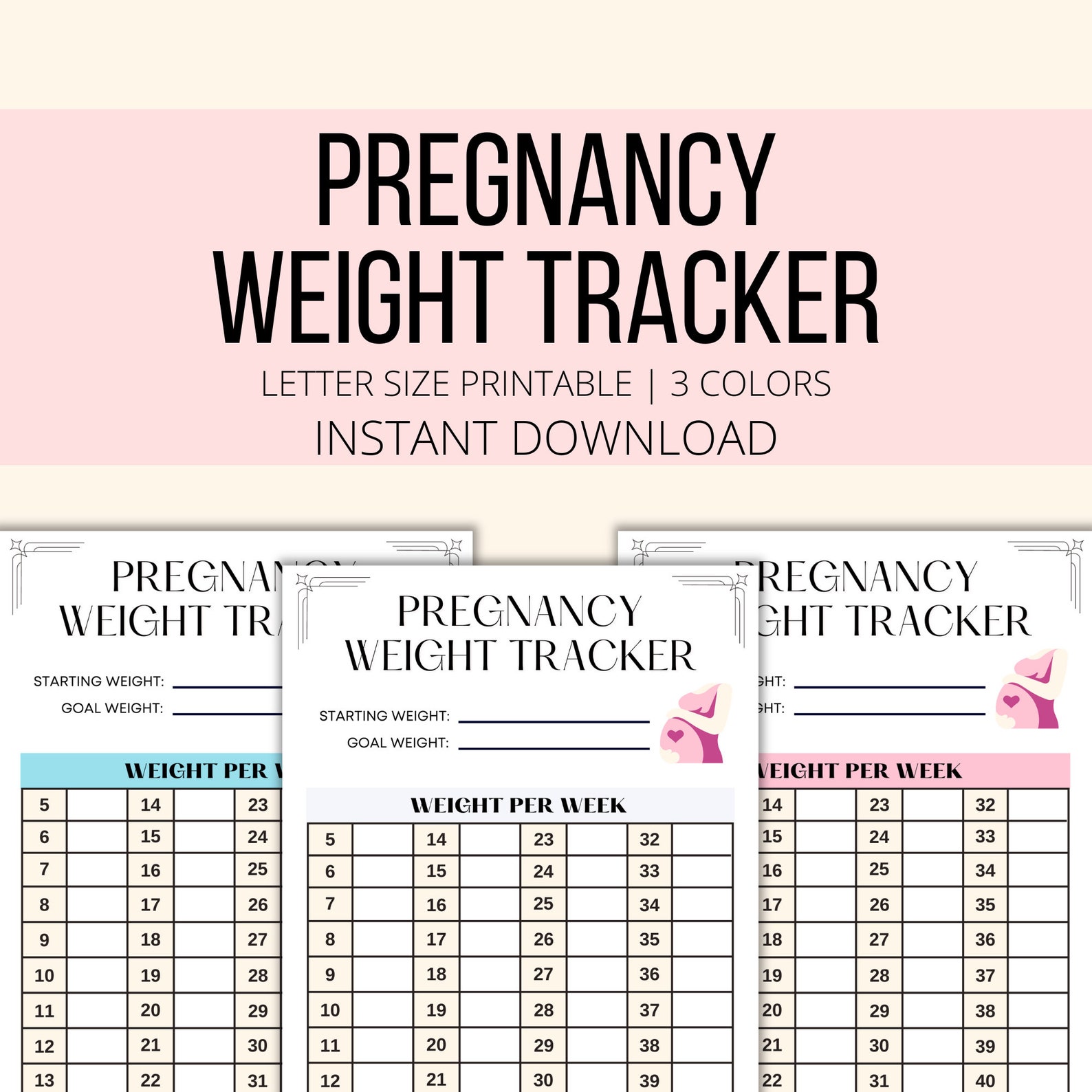 Pregnancy Weight Tracker Printable, Pregnancy Weight Gain Chart PDF ...