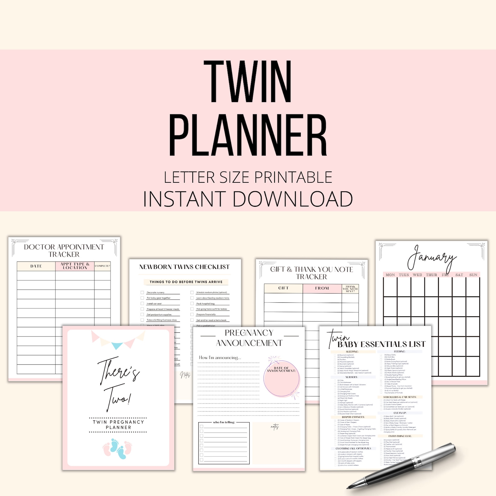 Twin Planner Printable, Twin Pregnancy Tracker PDF, Twins Checklists ...