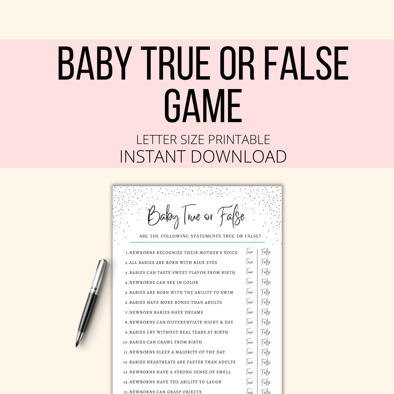 Baby Shower True or False Game Printable, Baby Shower Trivia Activity ...