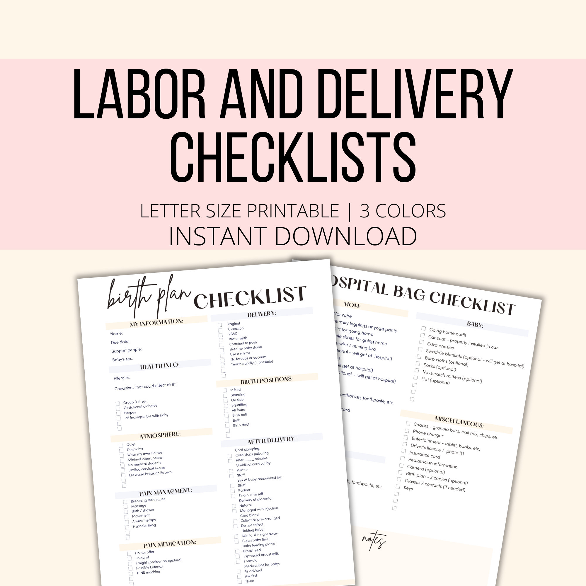 Labor and Delivery Checklist Printable, Hospital Bag Checklist + Birth ...