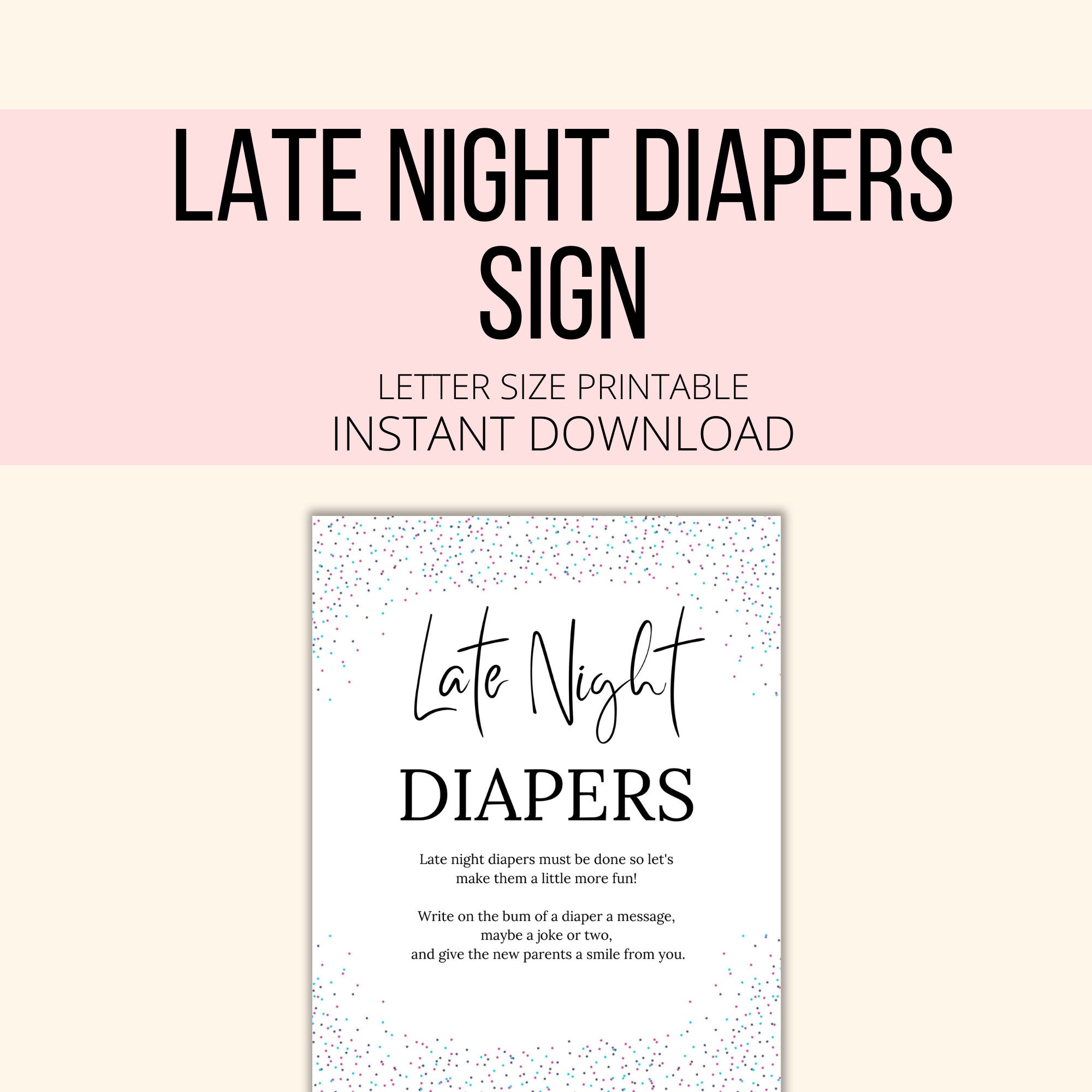 Late Night Diapers Sign Baby Shower Printable, Diaper Sign Baby Shower ...