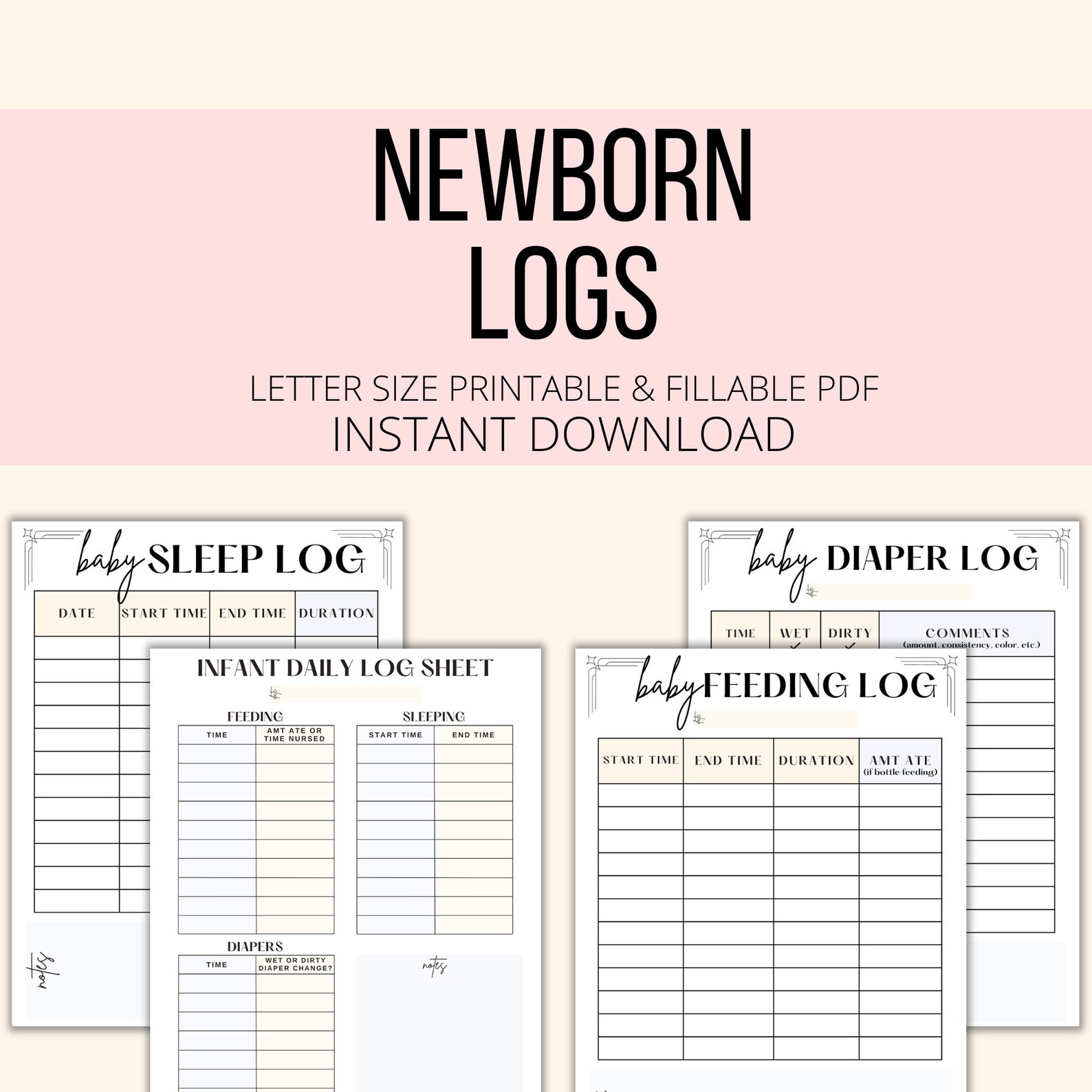 Newborn Logs Printable & Fillable PDF, Infant Daily Log, Caregiver Log ...