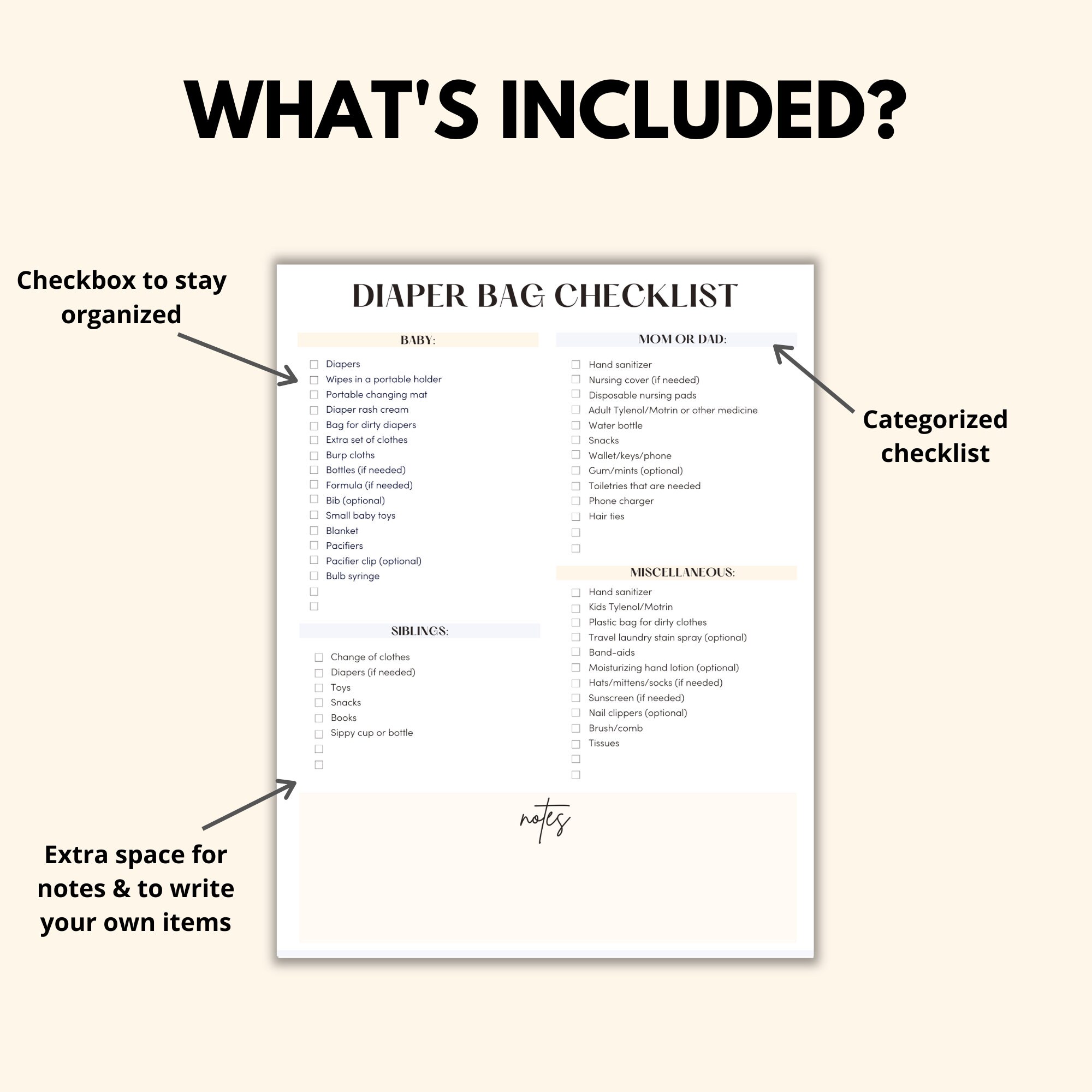 Diaper Bag Checklist Printable, Baby Diaper Bag List PDF, Diaper Bag ...