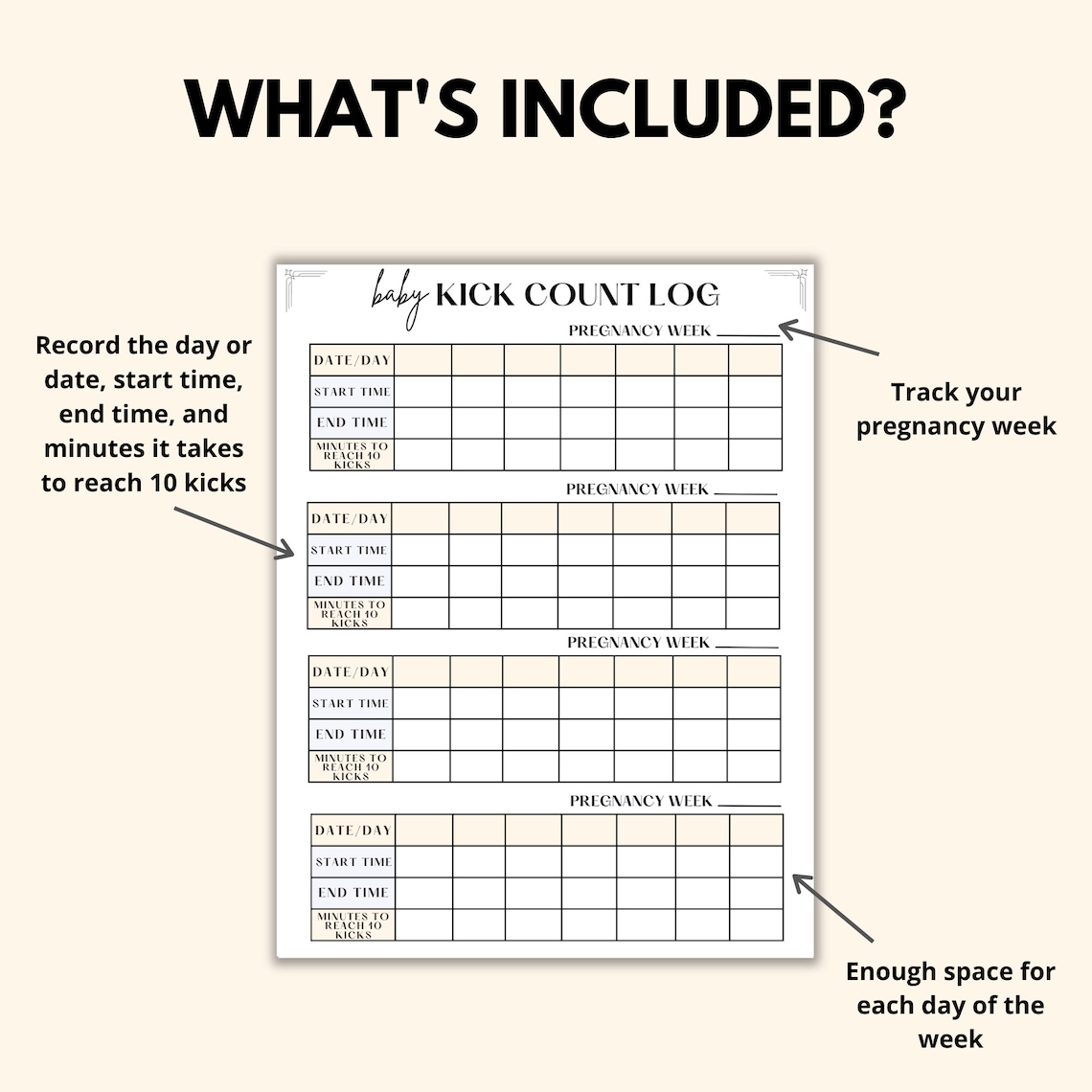 Kick Count Log Printable, Baby Kick Count Chart PDF, Fetal Movement Log ...