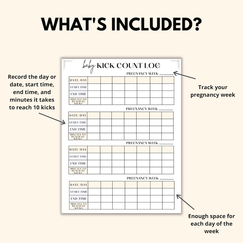 Kick Count Log Printable, Baby Kick Count Chart PDF, Fetal Movement Log ...