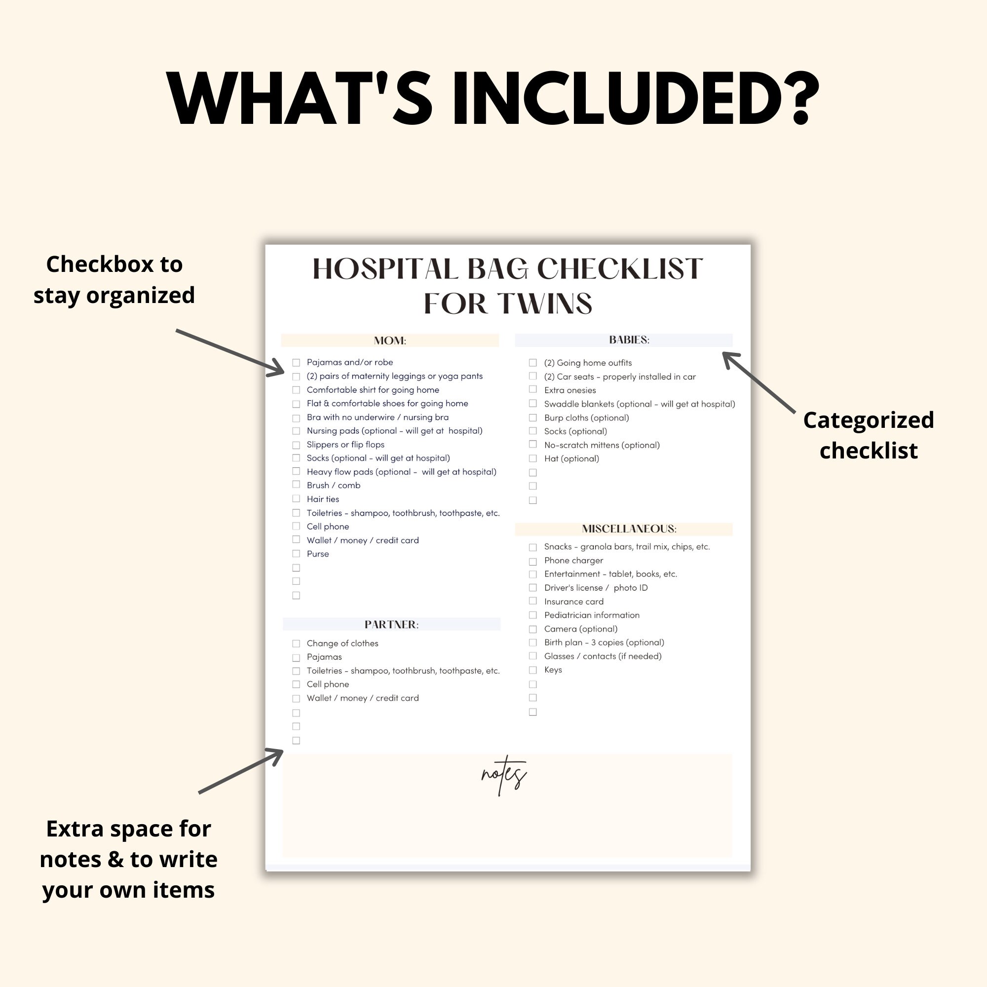 Labor Checklists for Twins Printables, Twins Hospital List Bundle, Twin ...
