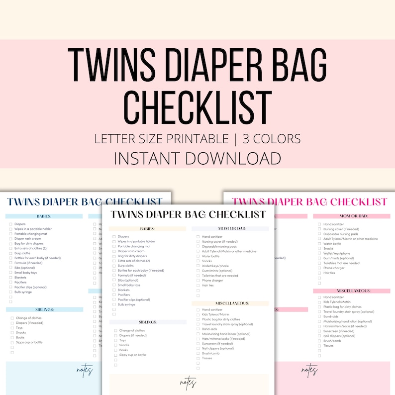 Twin Diaper Bag Checklist Printable, Twin Mom Diaper Bag List PDF, Twin ...