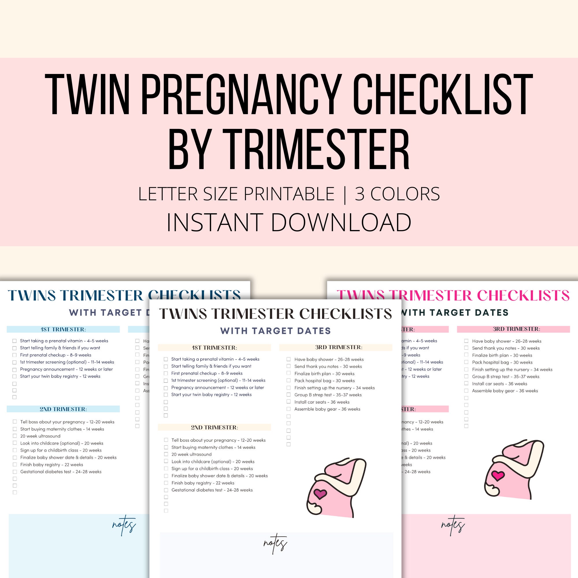 Twin Pregnancy Checklist by Trimester Printable, Twin Pregnancy to Do ...