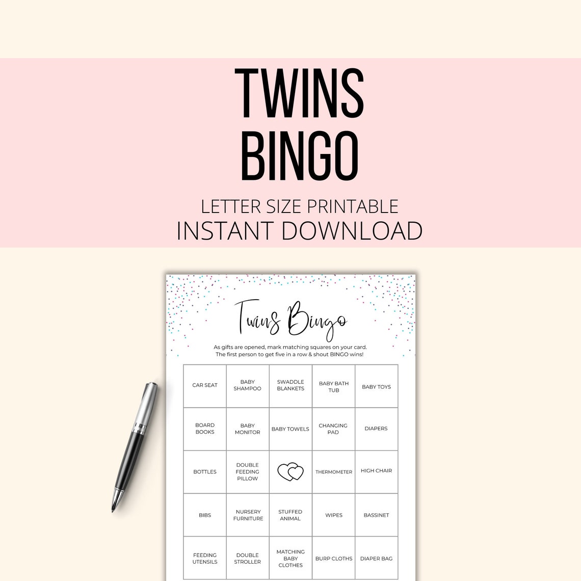 Twins Bingo Baby Shower Game Printable, Prefilled Twin Babies Baby ...
