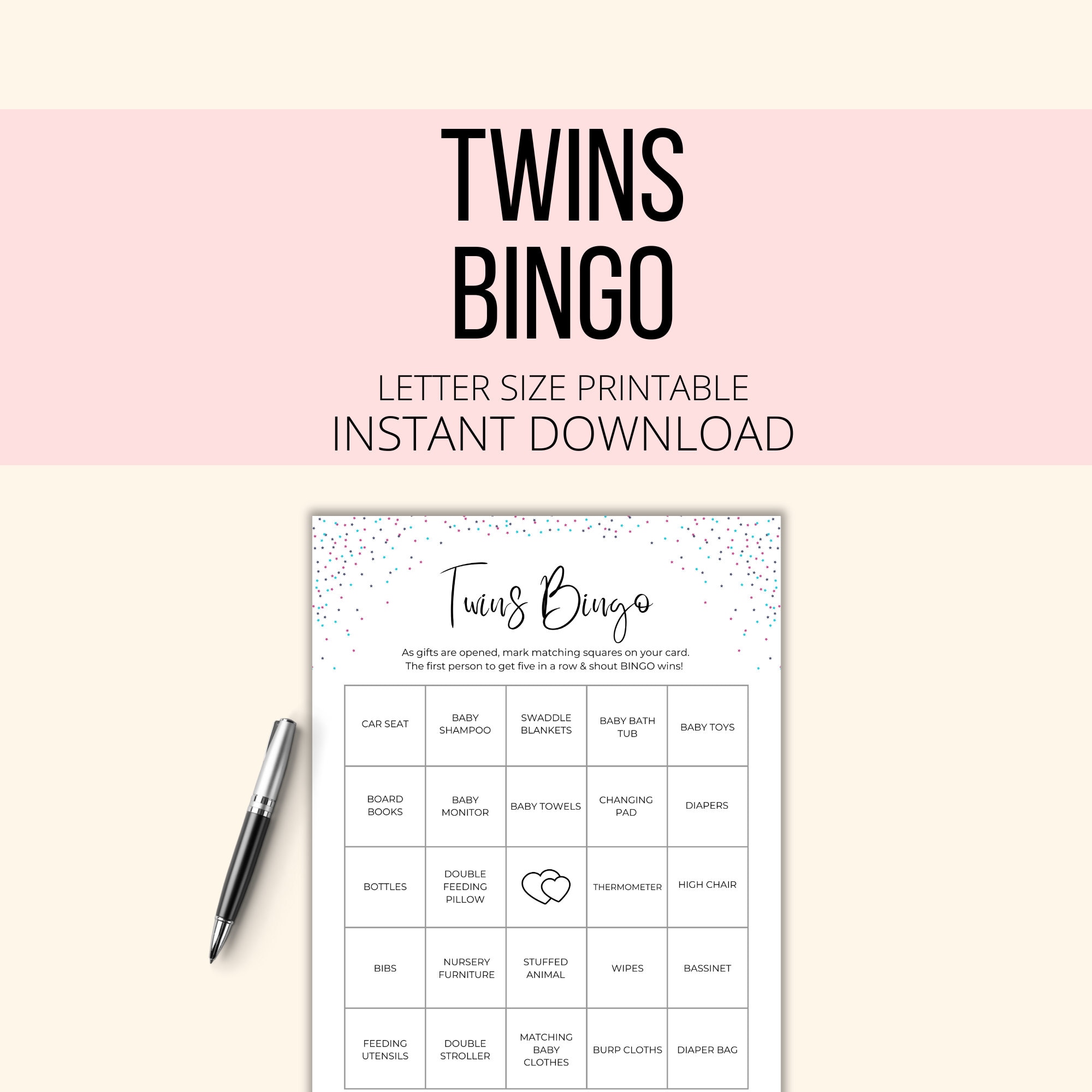 Twins Bingo Baby Shower Game Printable, Prefilled Twin Babies Baby ...