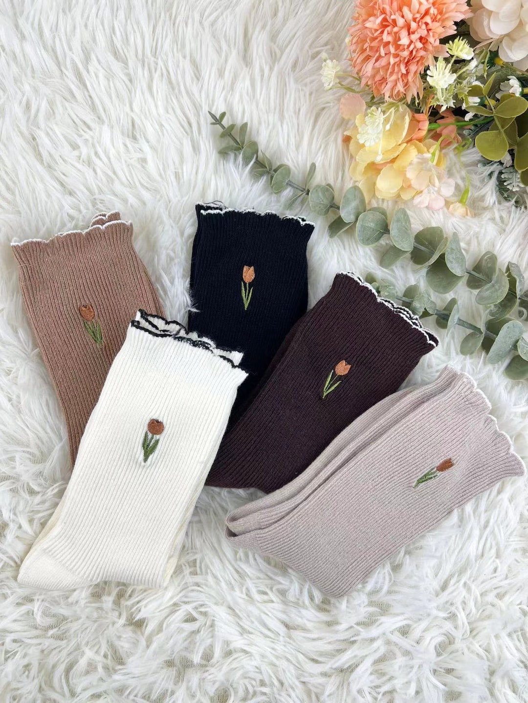 Flower Embroidered Socks,cute Tulip Socks, Retro Floral Socks, Spring ...