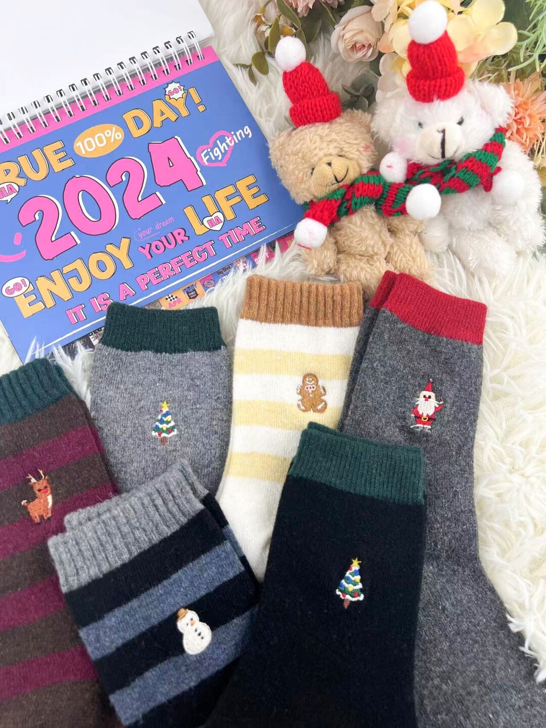 Christmas Socks, Santa Claus Socks, Snowman Socks, Embroidered Socks ...