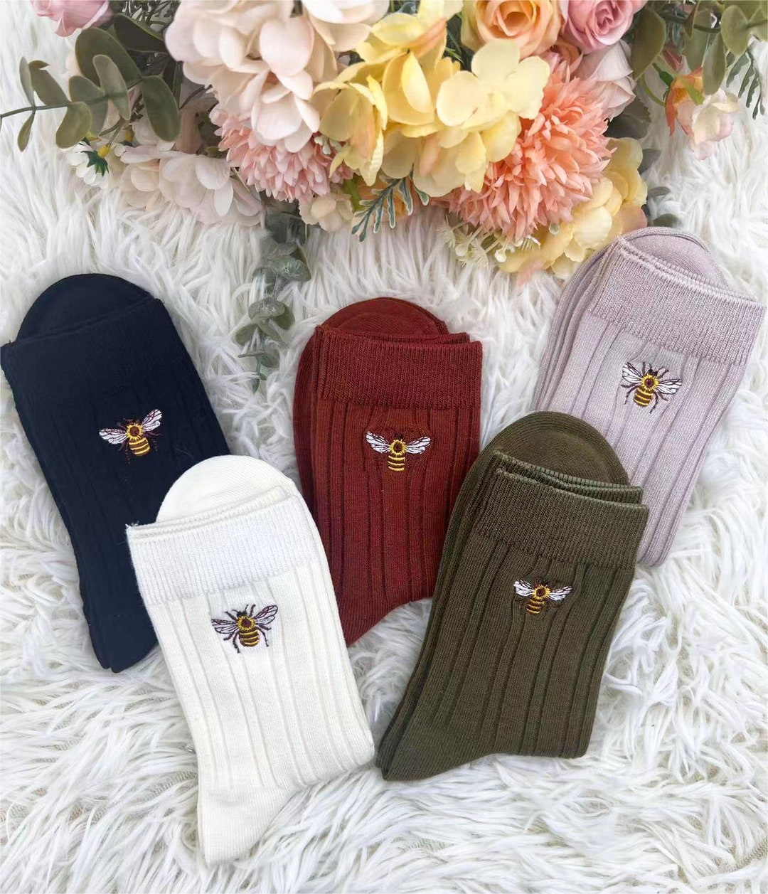 Bee Socks, Bee Embroidered Socks,honey,cute Socks,fashionable Socks ...