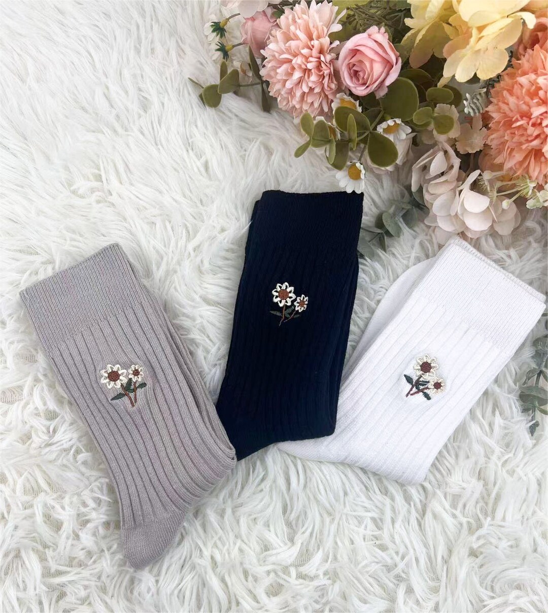Sunflower Socks, Embroidered Flower Socks,spring Socks,cotton Socks ...