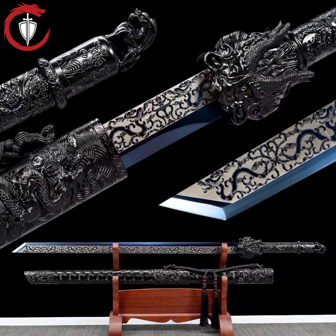 Beautiful Dragon Katana With Blue Blade, Handmade 1060 High Carbon ...