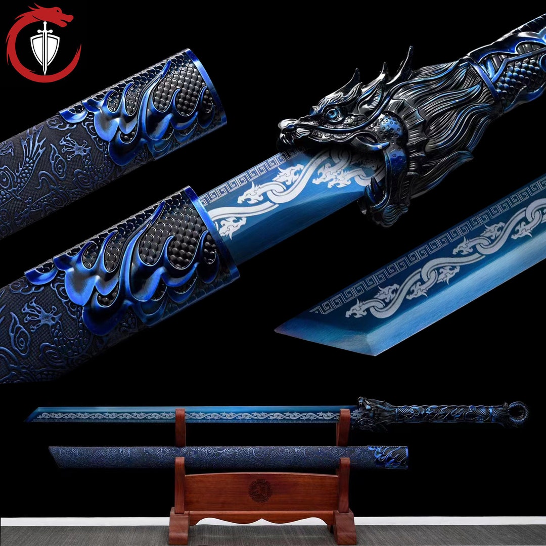 Beautiful Blue Dragon Japanese Katana, Handmade Samurai Sword, 1060 ...