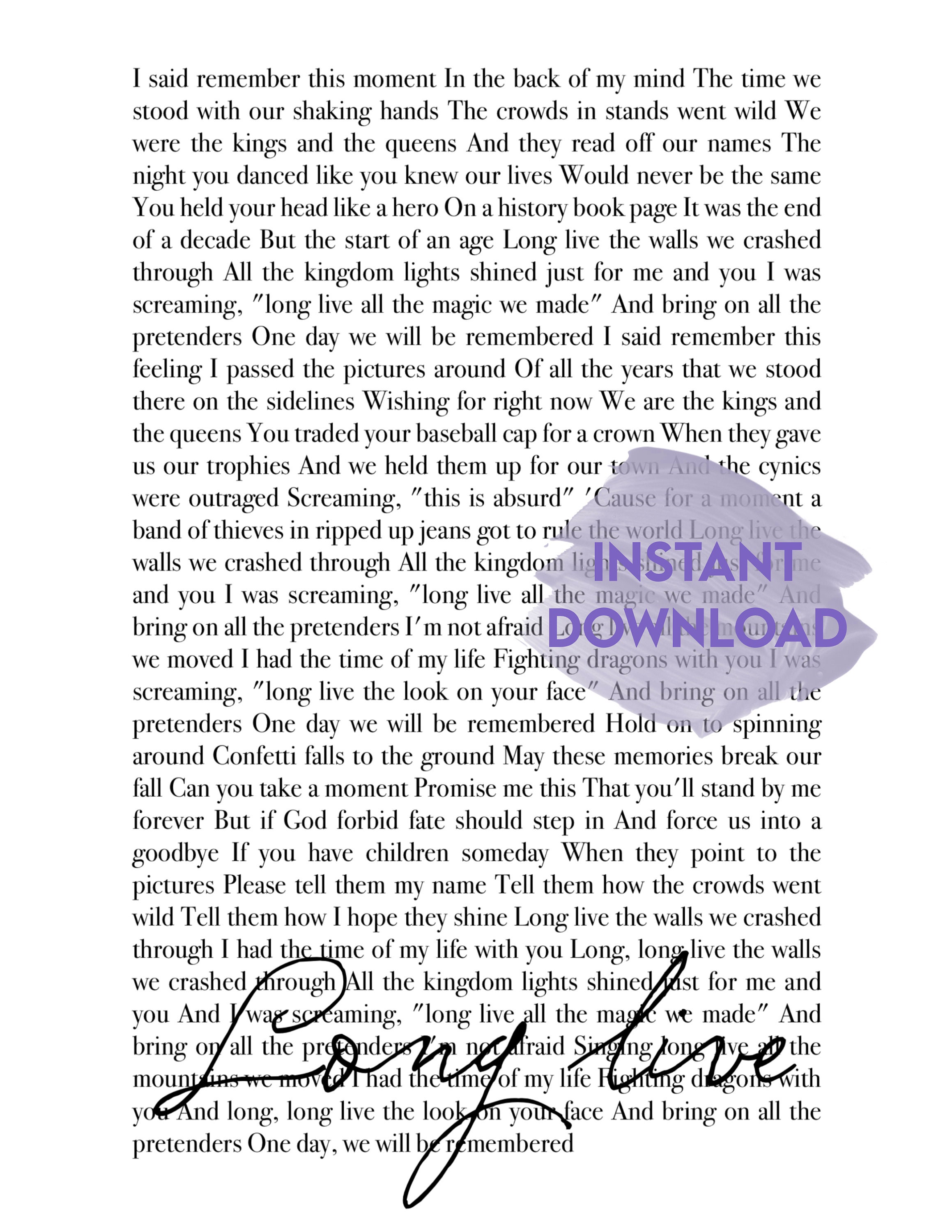 Taylor Swift Long Live Lyrics, Wall Decor, Bedroom Wall Decor, Taylor ...