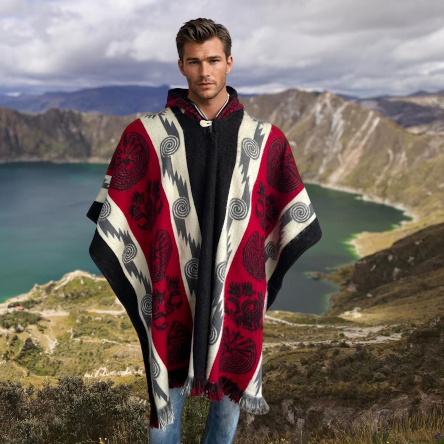Alpaca Wool Poncho With Hood in Red | Navajo - Southwestern Poncho ...