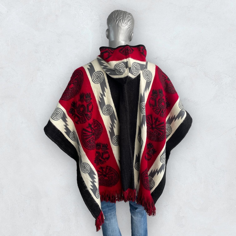 Alpaca Wool Poncho With Hood in Red | Navajo - Southwestern Poncho ...