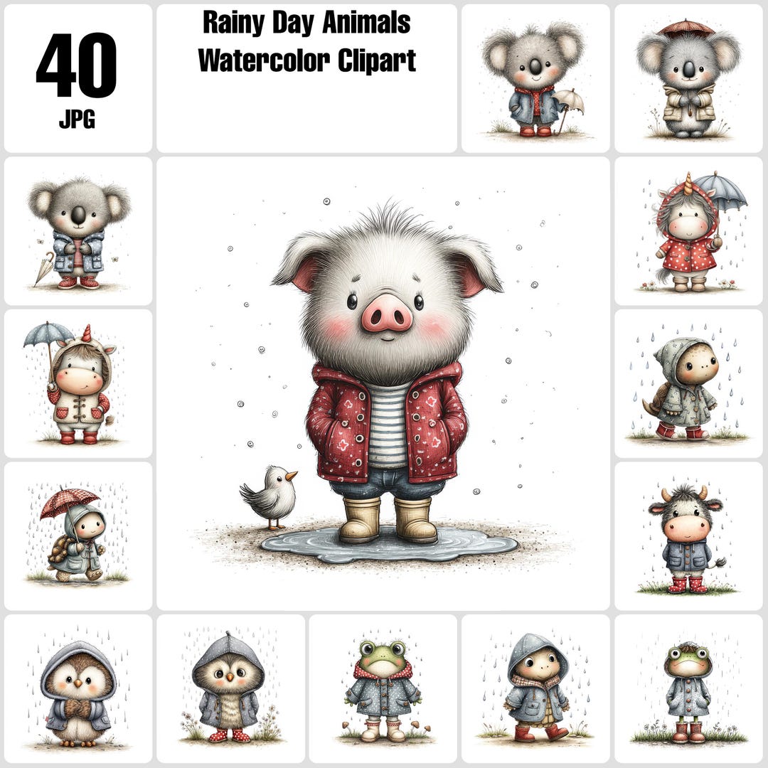 Rainy Day Animals Watercolor Clipart (commercial Use) (digital Download ...