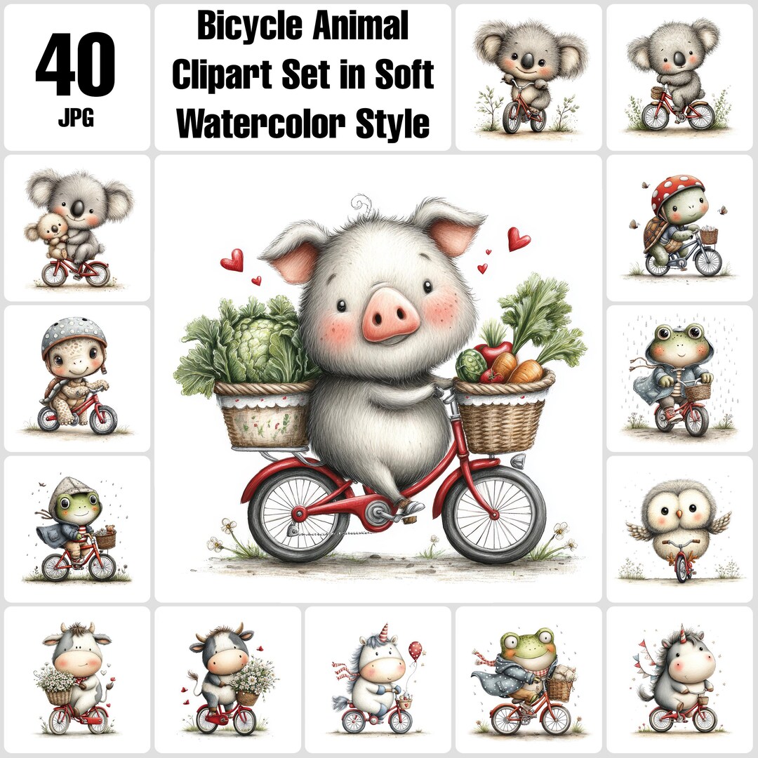 Bicycle Animal Clipart Set in Soft Watercolor Style (commercial Use ...