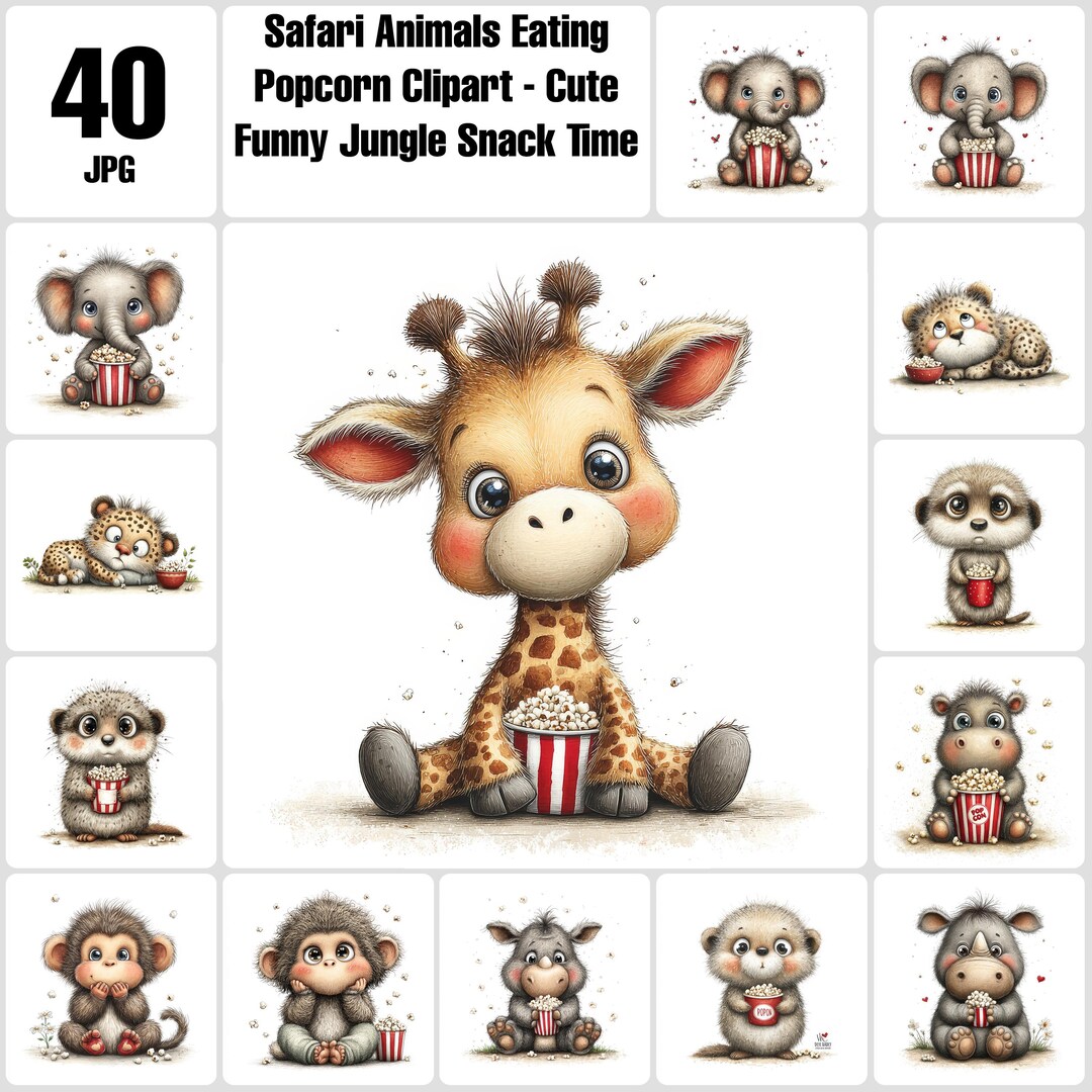 Safari Animals Eating Popcorn Clipart, Jungle Designs (digital Download ...