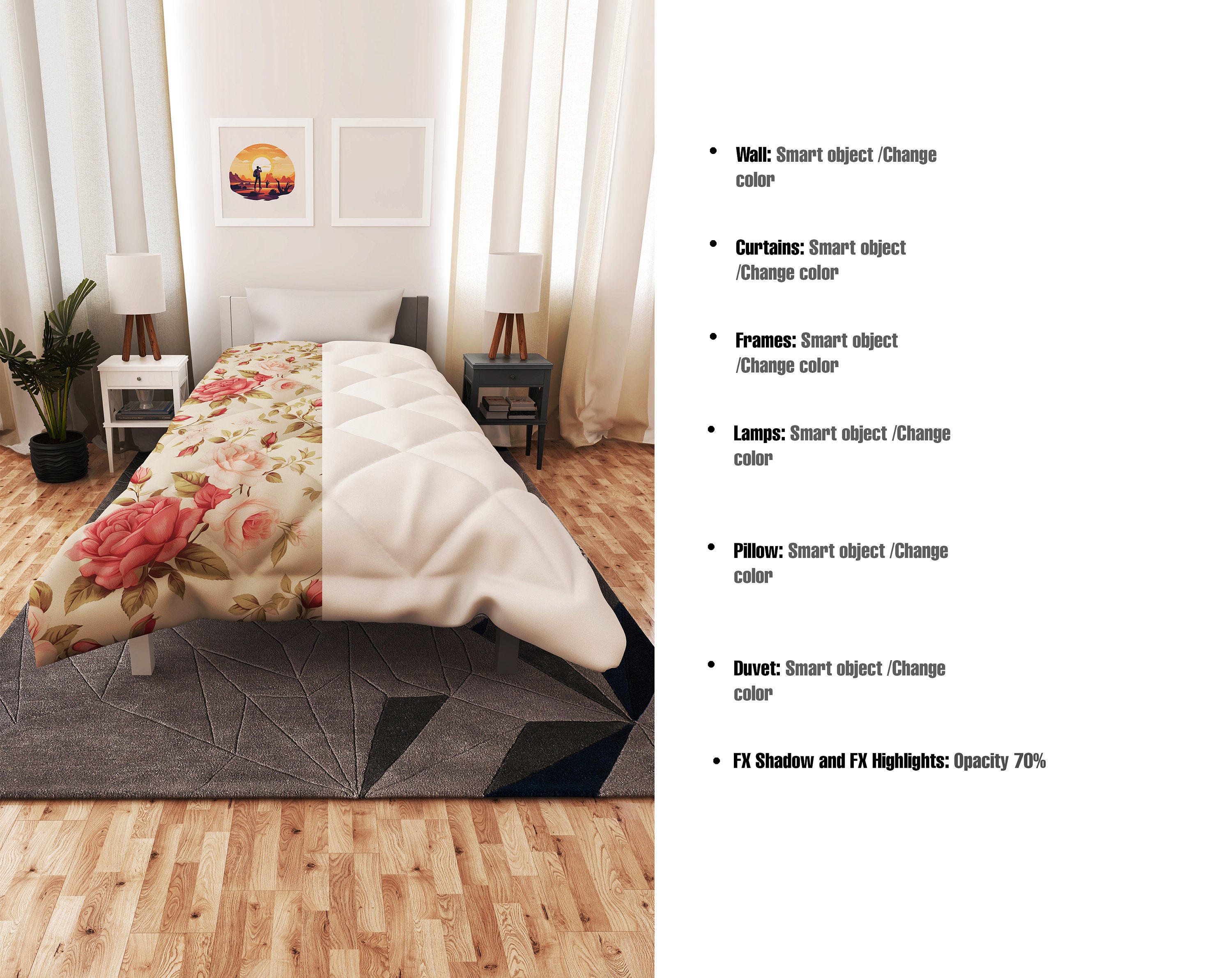 6 PSD Single Bed Mockup, Duvet Mockup, Pillow Mockup, Sheet Mockup, Curtain Mockup, Lamp Mockup ...