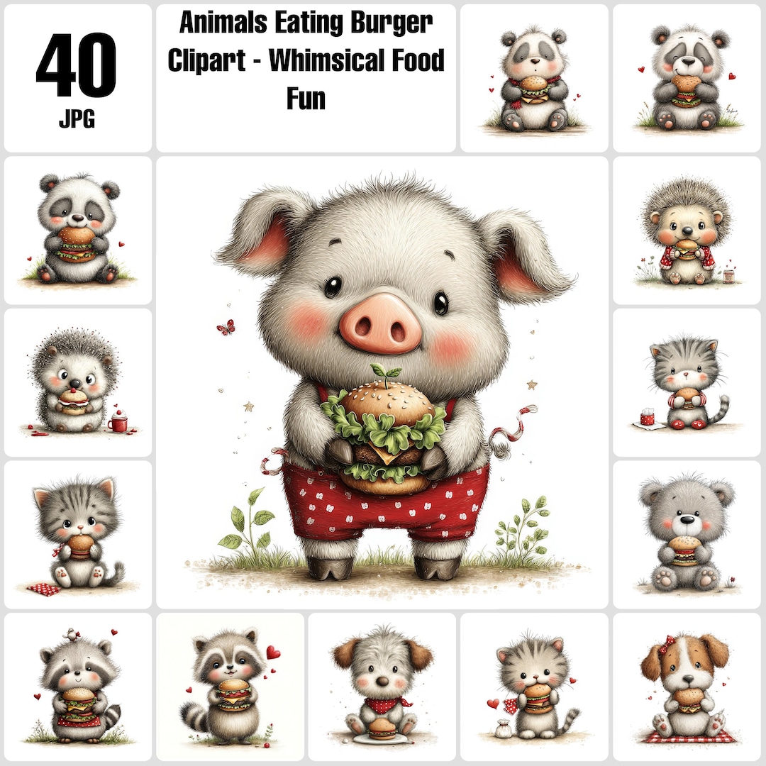 Animals Eating Burger Clipart - Whimsical Food Fun (commercial Use ...