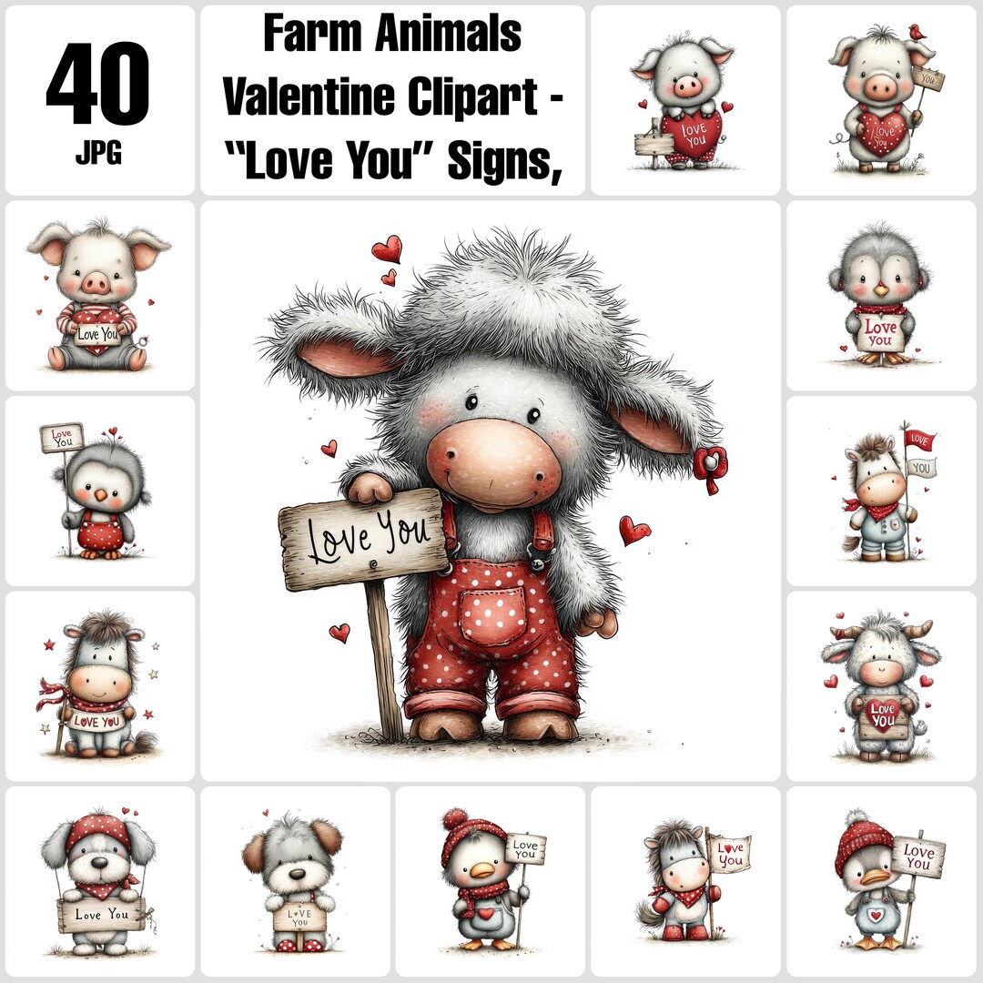 Farm Animals Valentine Clipart – "love You" Signs (digital Download ...