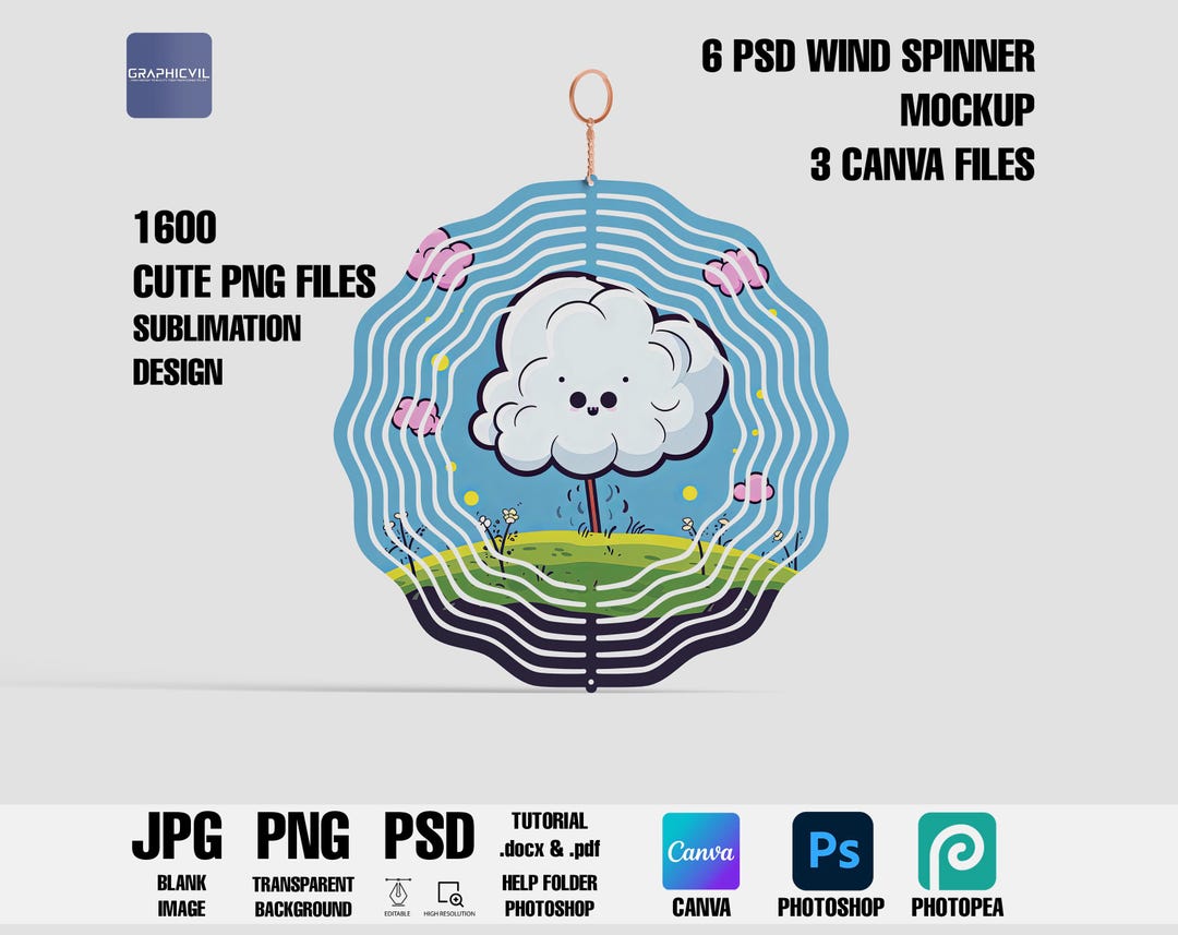 Wind Spinner Mockup, 6PSD, 3 Canva, 1600 Sublimation Images, Wind ...